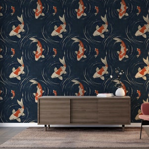 Chinoiserie Mural Wallpaper, Koi Fish Peel and Stick, Dark Blue ...