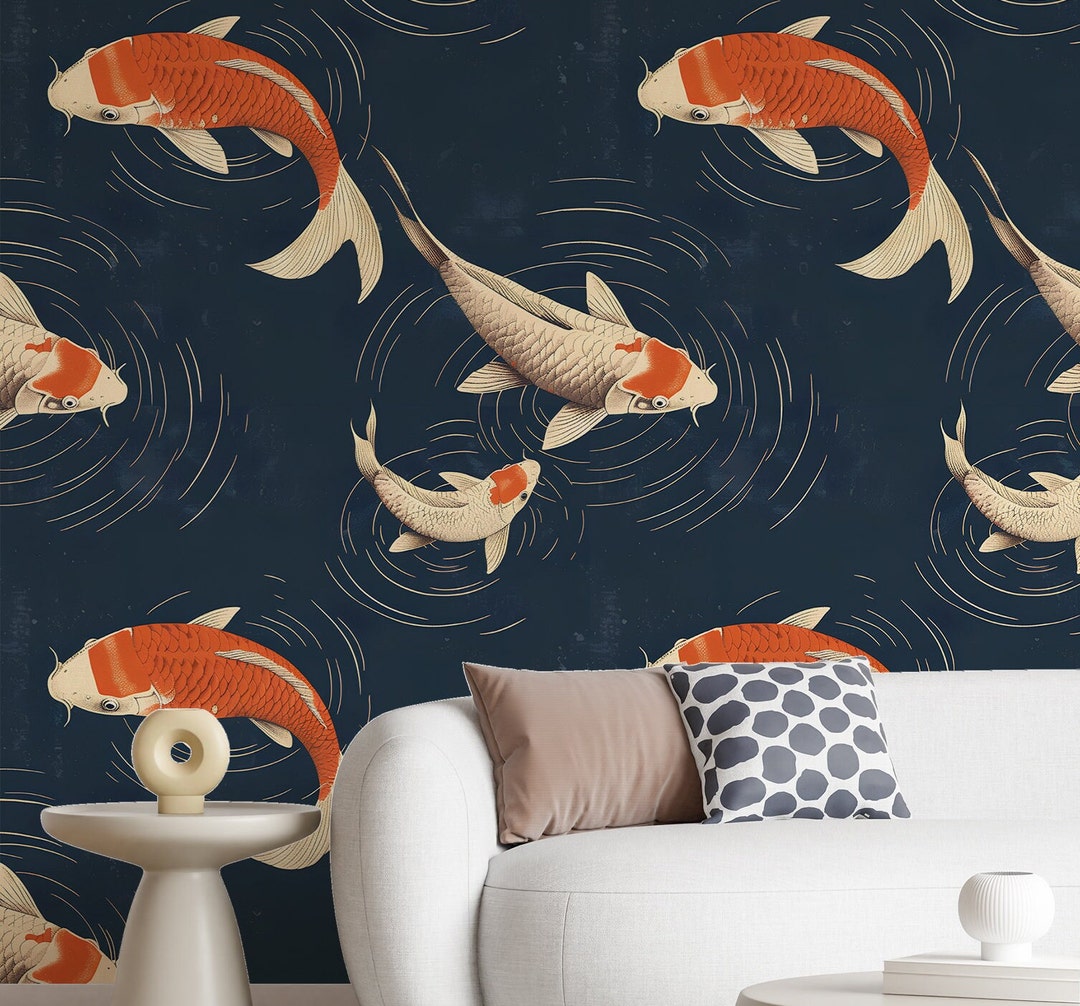 Navy Blue Chinoiserie Koi Fish Wall Art Decorative Asian Wallpaper ...