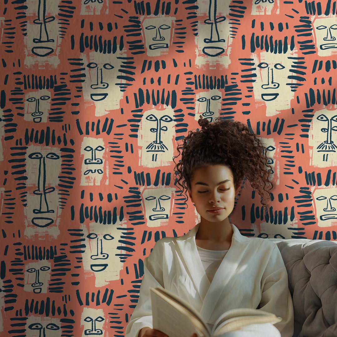 Mask Basquiat Print Coral Wallpaper Geometric Moody Wallpaper Basquiat ...