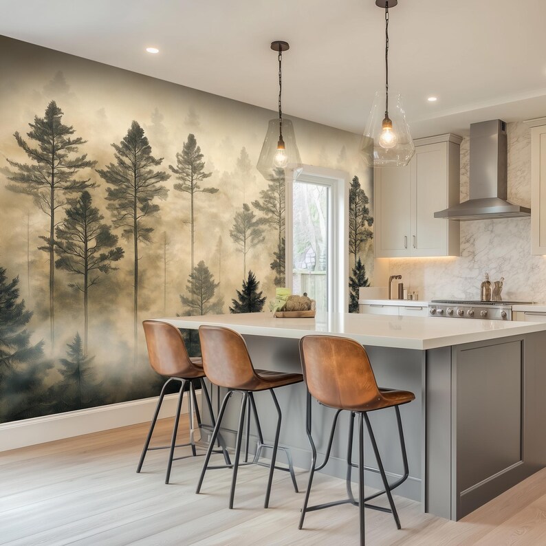 Misty Forest Wall Mural: Neutral Pine Landscape for Reading Nook ...