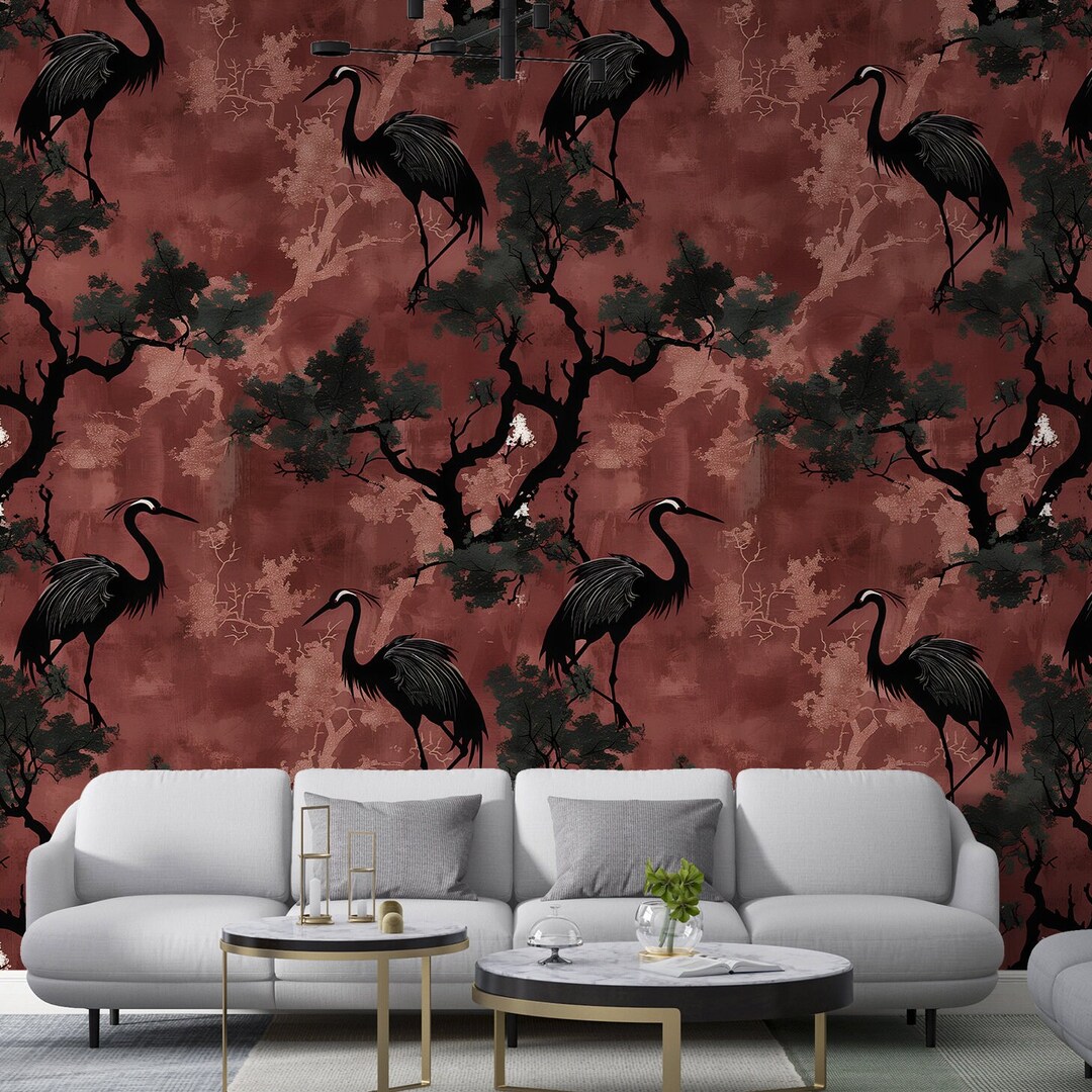 Red Crane Bird Wallpaper Vintage Oriental Wallpaper Crane Birds Wall ...