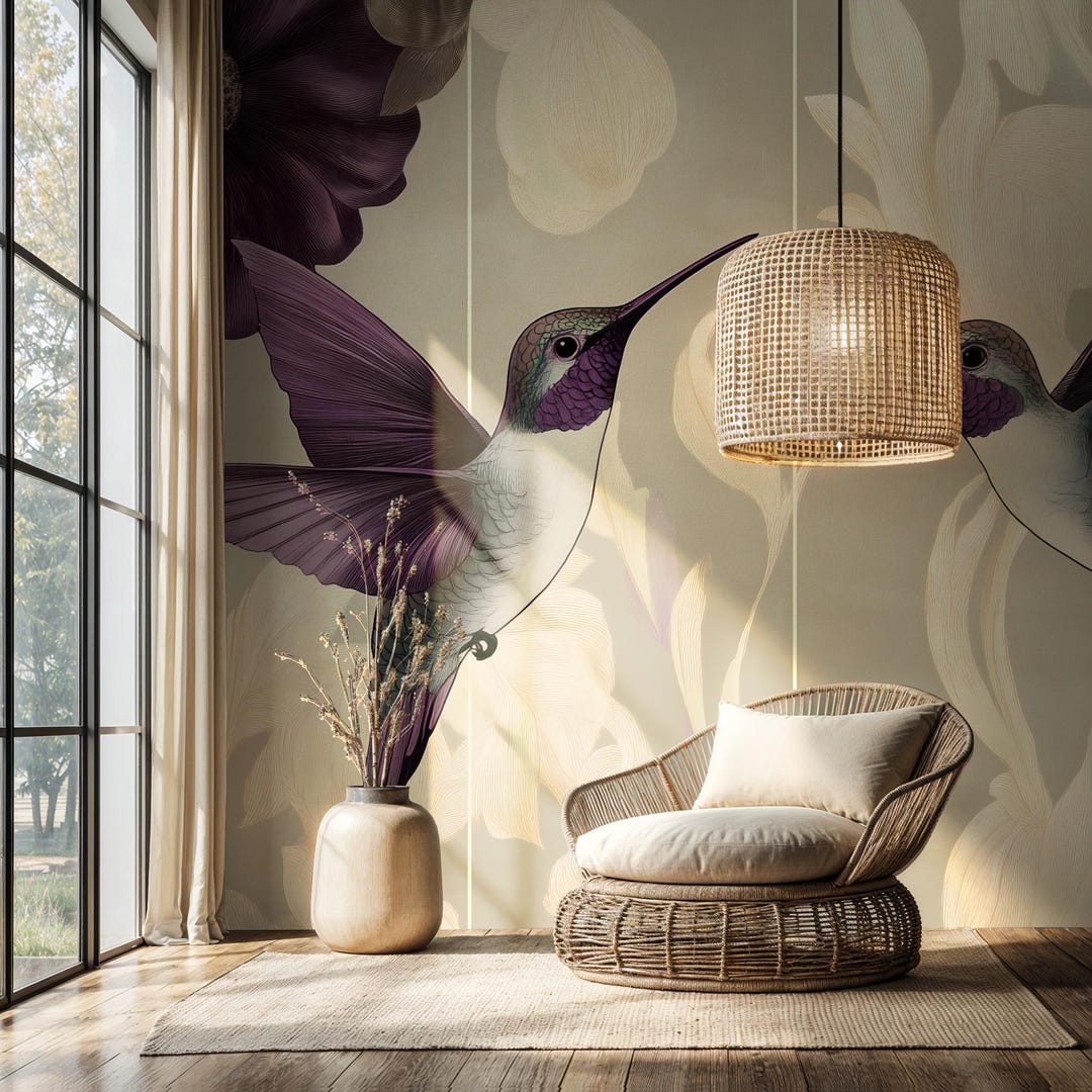Removable Pastel Hummingbird Wallpaper Mural, Art Deco Bird and Floral Wall Decor DB31 - Etsy