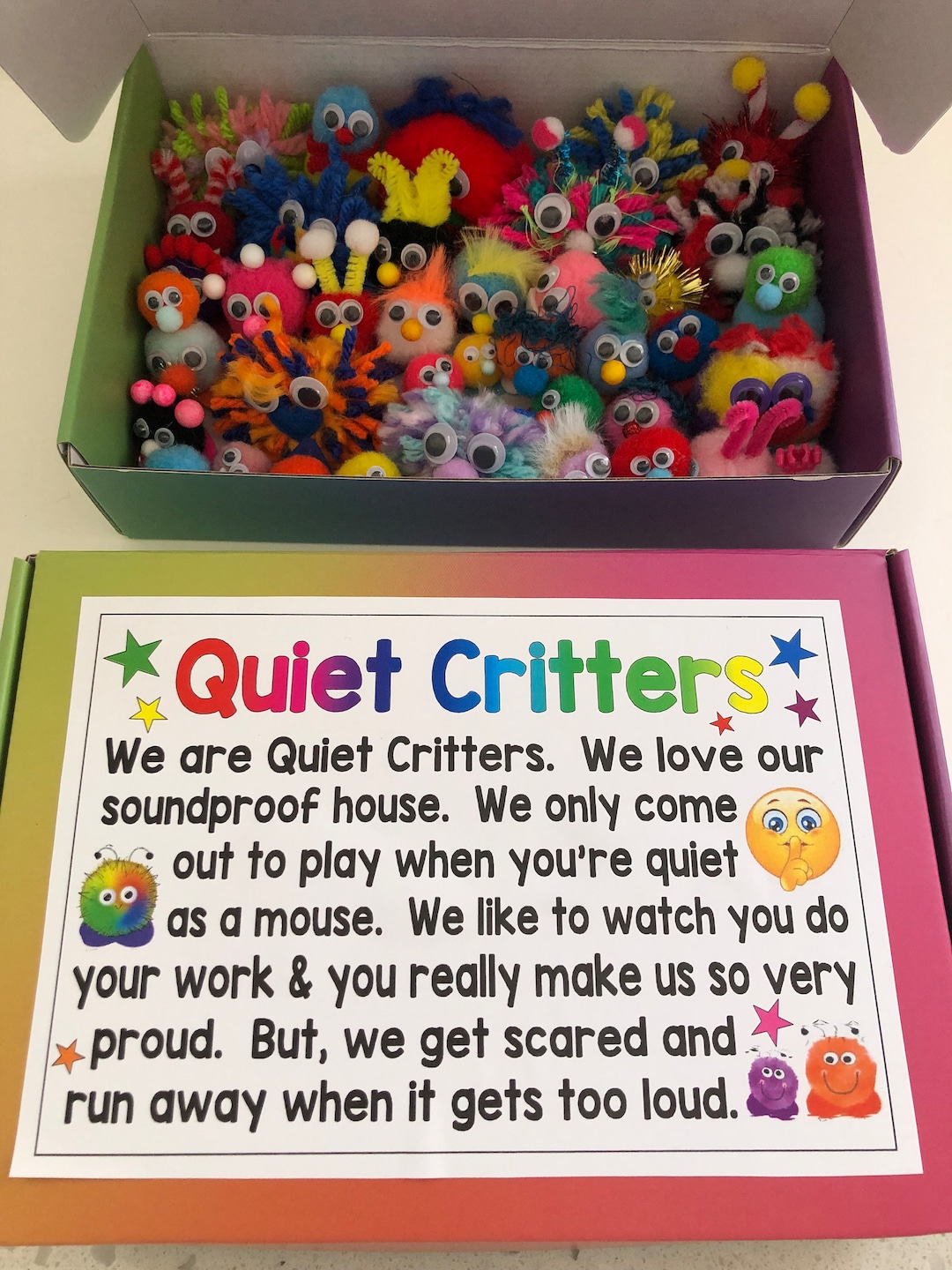 QUIET CRITTERS- XL - Rainbow Box Filled With Poem & Poms Teacher ...