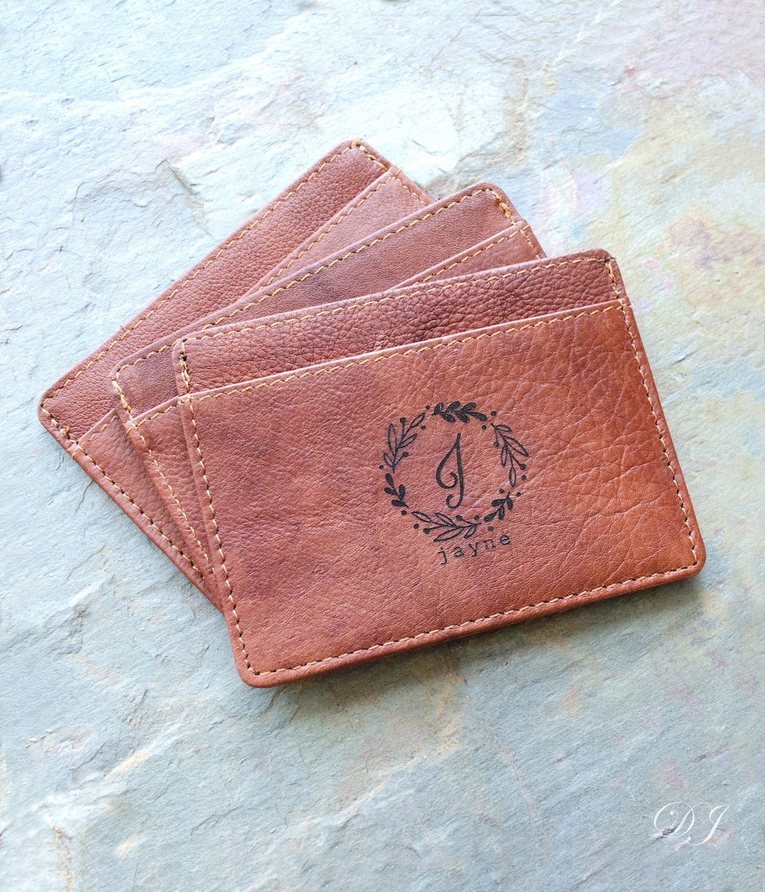 Monogrammed Slim Leather Wallet, Personalized Engraved Cardholder With ...