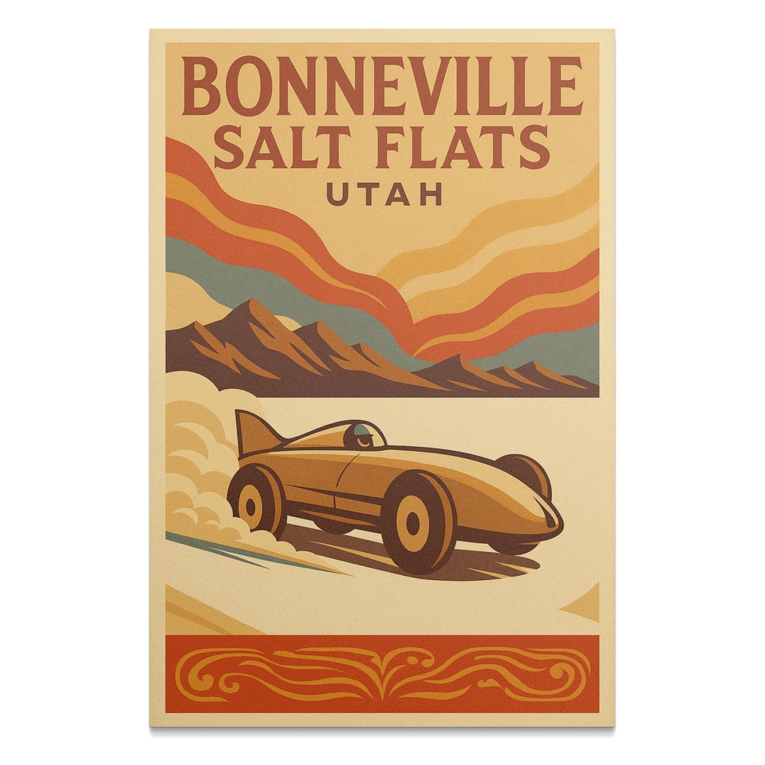 Vintage Bonneville Salt Flats Poster, Retro Racing Car Art, Utah Travel ...