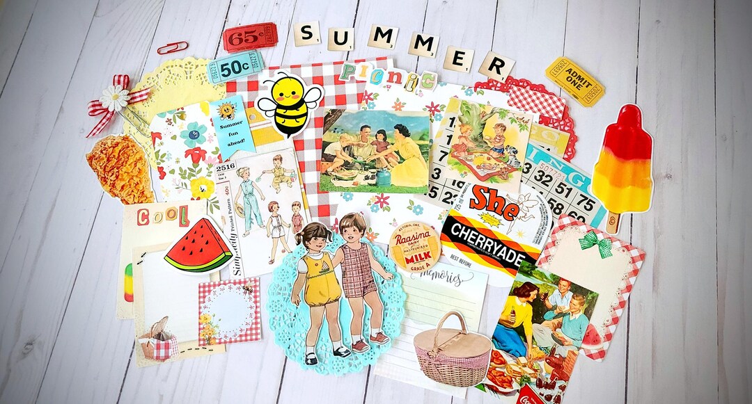 Retro Style Summer and Picnic Theme Ephemera Pack for Scrapbooking Junk ...