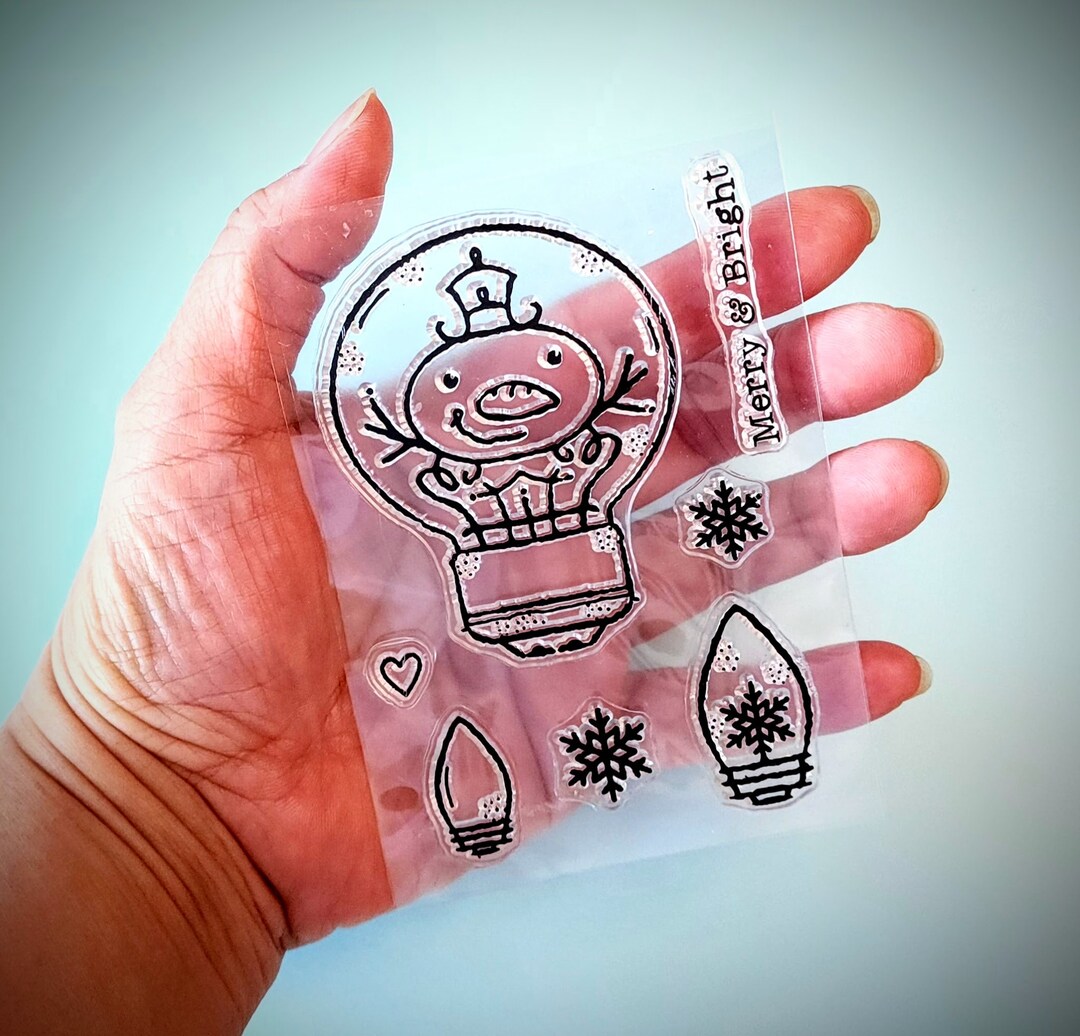 Snowman in Lightbulb Clear Rubber Silicone Stamp Set 7 Pieces for Paper ...