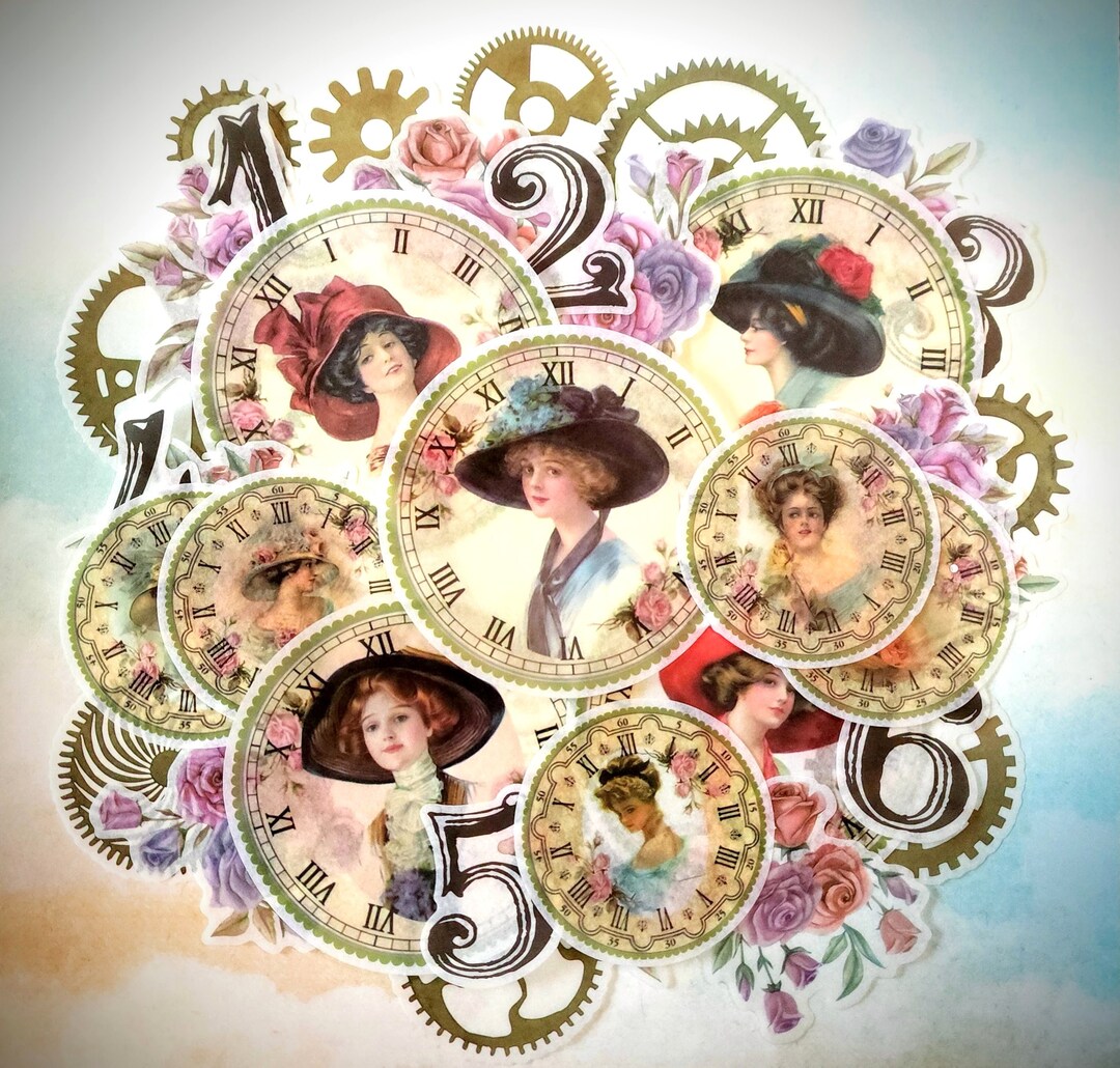 Vintage Steampunk Style Clock Ladies Numbers and Florals Washi Stickers ...