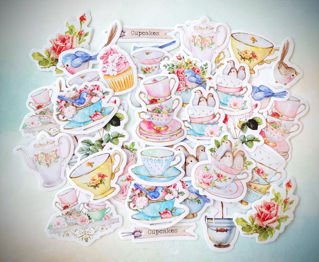 Birds Florals Teacups Teapot Theme Stickers 40 Pcs for Planners Cards ...