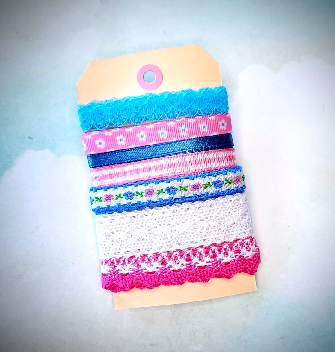 Assorted Ribbon and Lace Trim Pack 7 Pcs One Yard Each in Blue Pink ...
