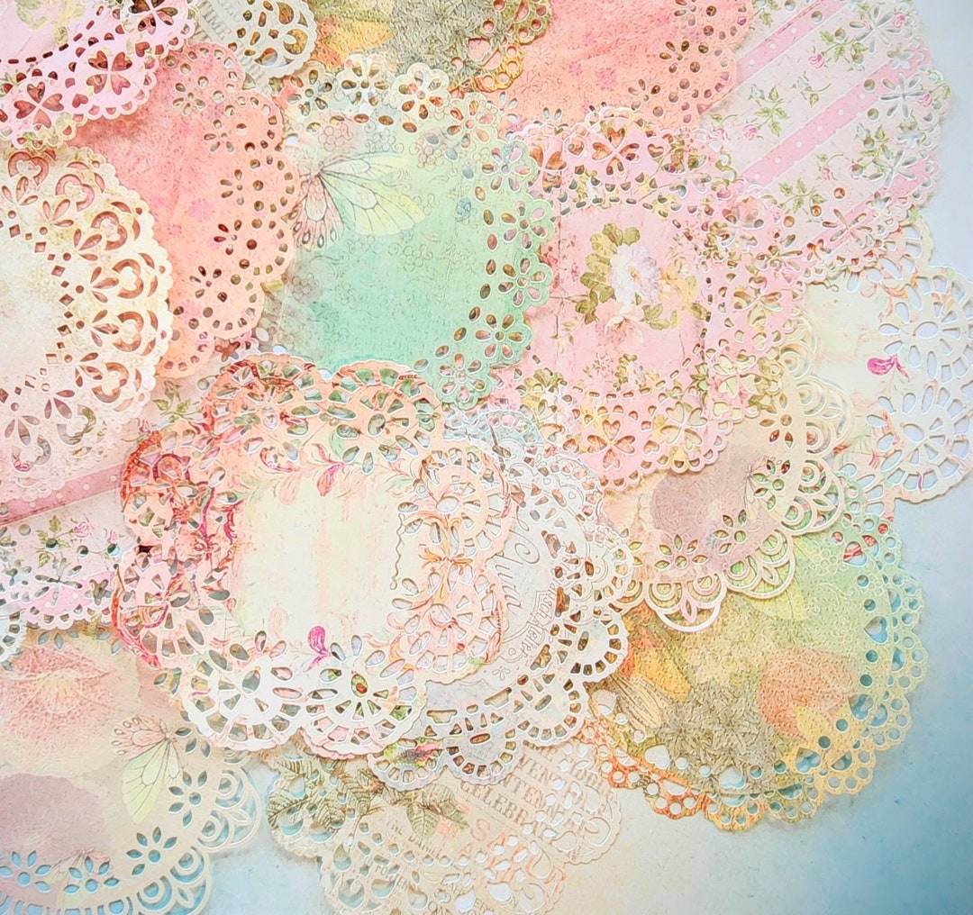Round Paper Doilies With Print Pink Peach Green 10 Pcs for Scrapbook ...
