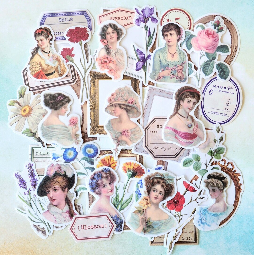Victorian Ladies Washi Stickers - Vintage Frames, Flowers, Labels - 40 ...