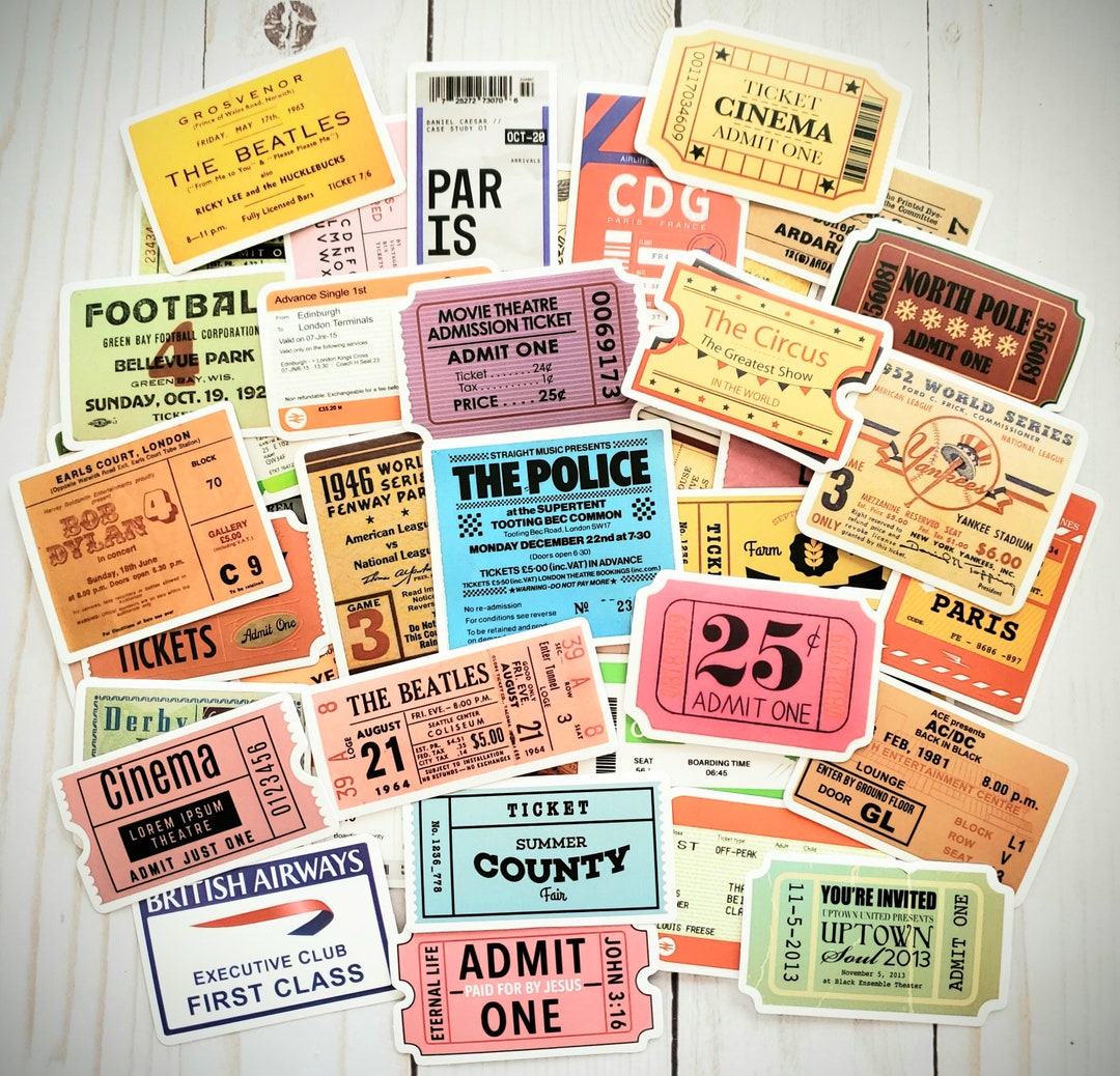 Faux Ticket Decal Stickers Pack in a Variety of Colors and Designs 50 ...