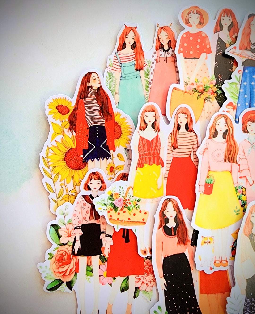 Cute Fashion Girls With Flowers Sticker Set 9 Pcs for Collage Junk ...