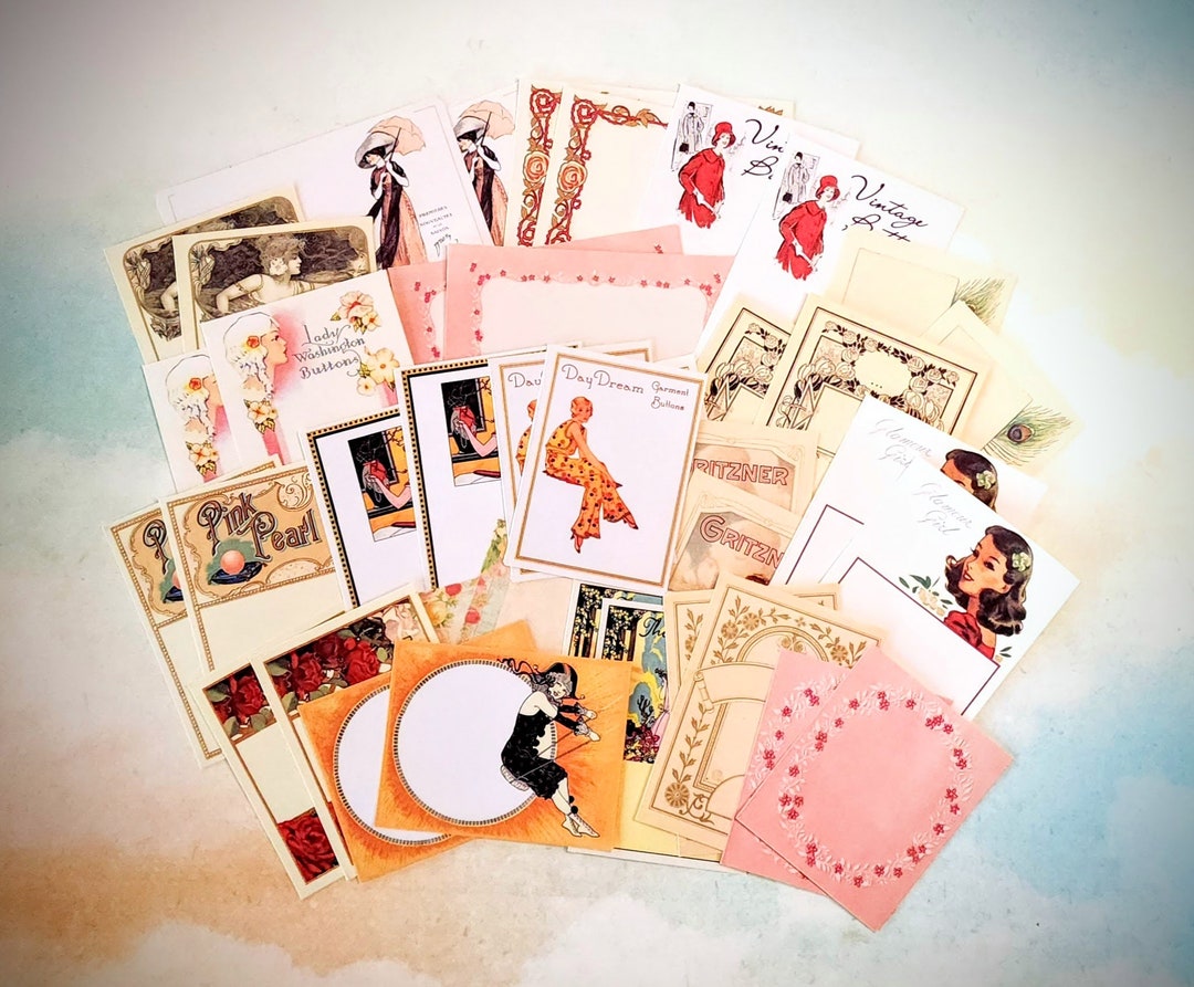 Paper Sticker Labels of Button Cards Ladies and Florals in Vintage and ...