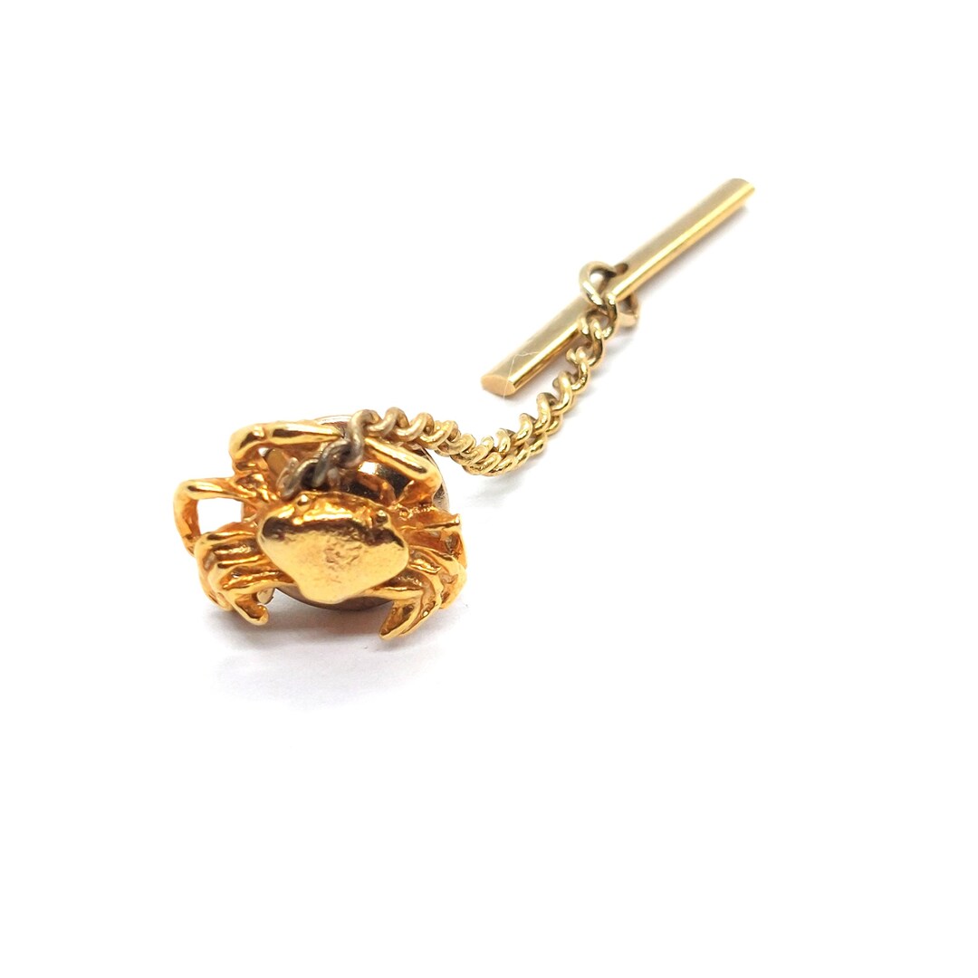 Gold Crab Lapel Pin With Chain Nautical Sea Creature Crustacean Tie ...