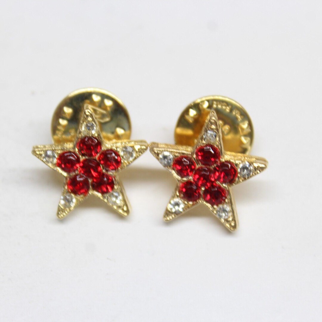 Set of 2 Vintage Five Point Star Red Clear Rhinestones Gold Tone Pin ...