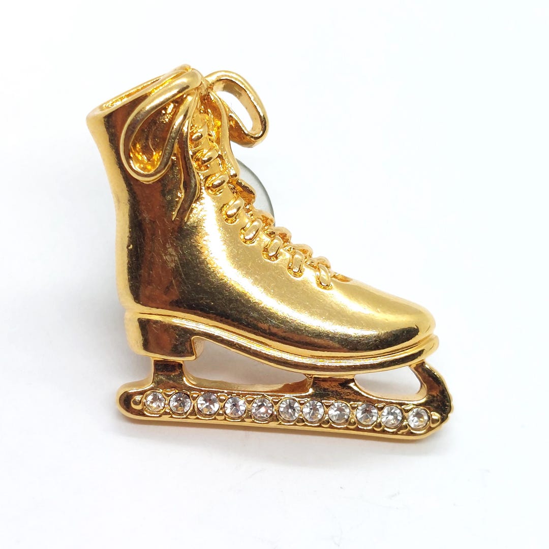 Avon Ice Skate Skating Sport Tack Pin Gold Tone & Crystal Rhinestones ...