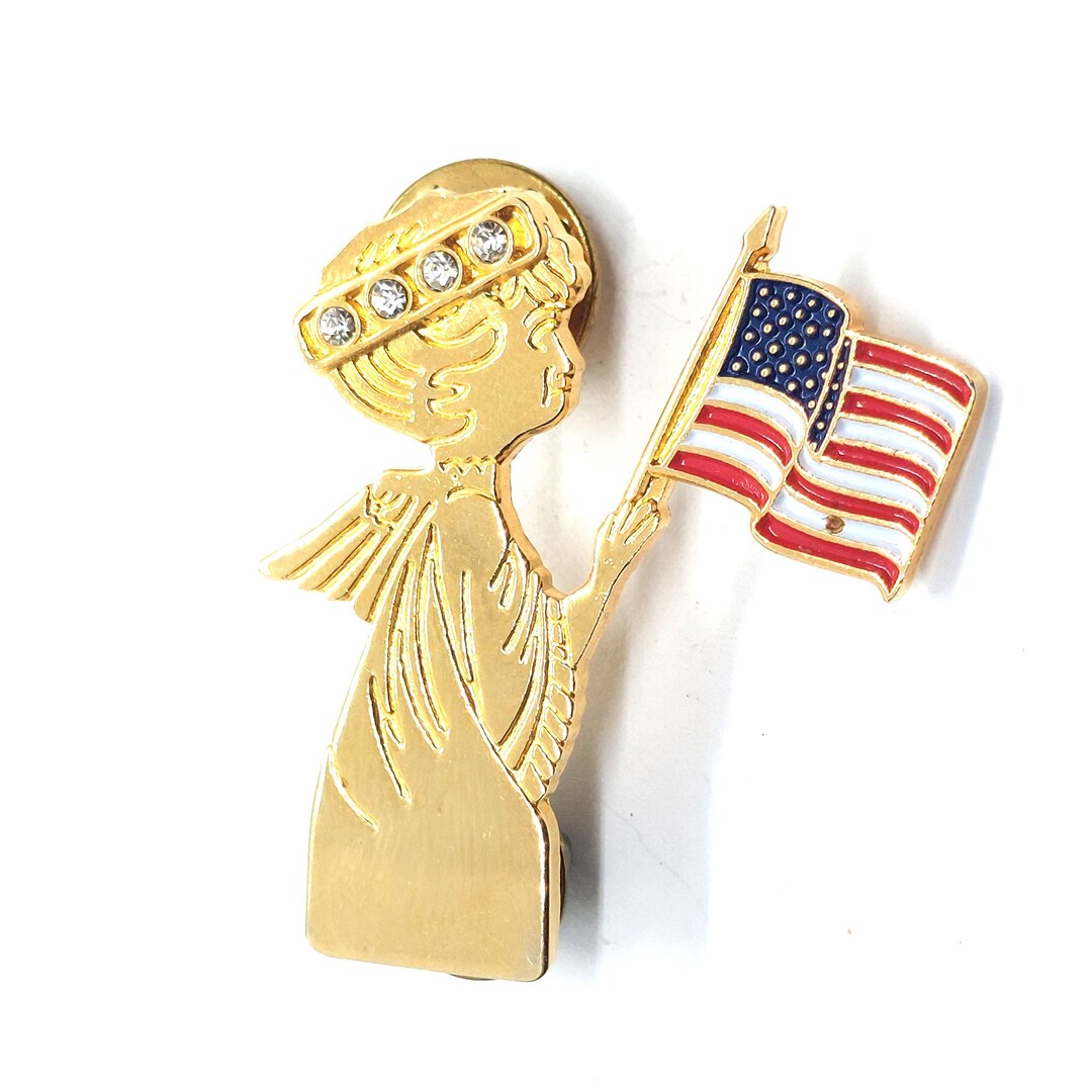 Angel Holding American Flag Lapel Pin Gold Tone Patriotic Rhinestone ...