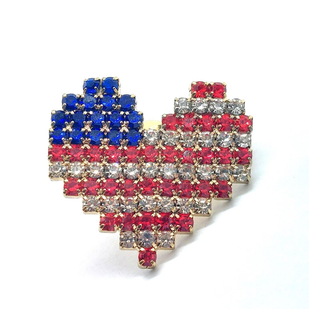 American Flag Heart Pin Red White Blue Rhinestone Sparkle Patriotic VTG ...