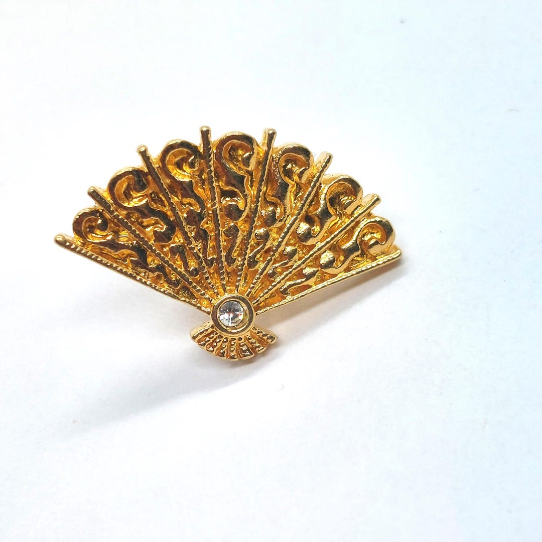Vintage Avon Swirl Folding Fan Pin Rhinestone Lapel Gold Tone Jewelry ...