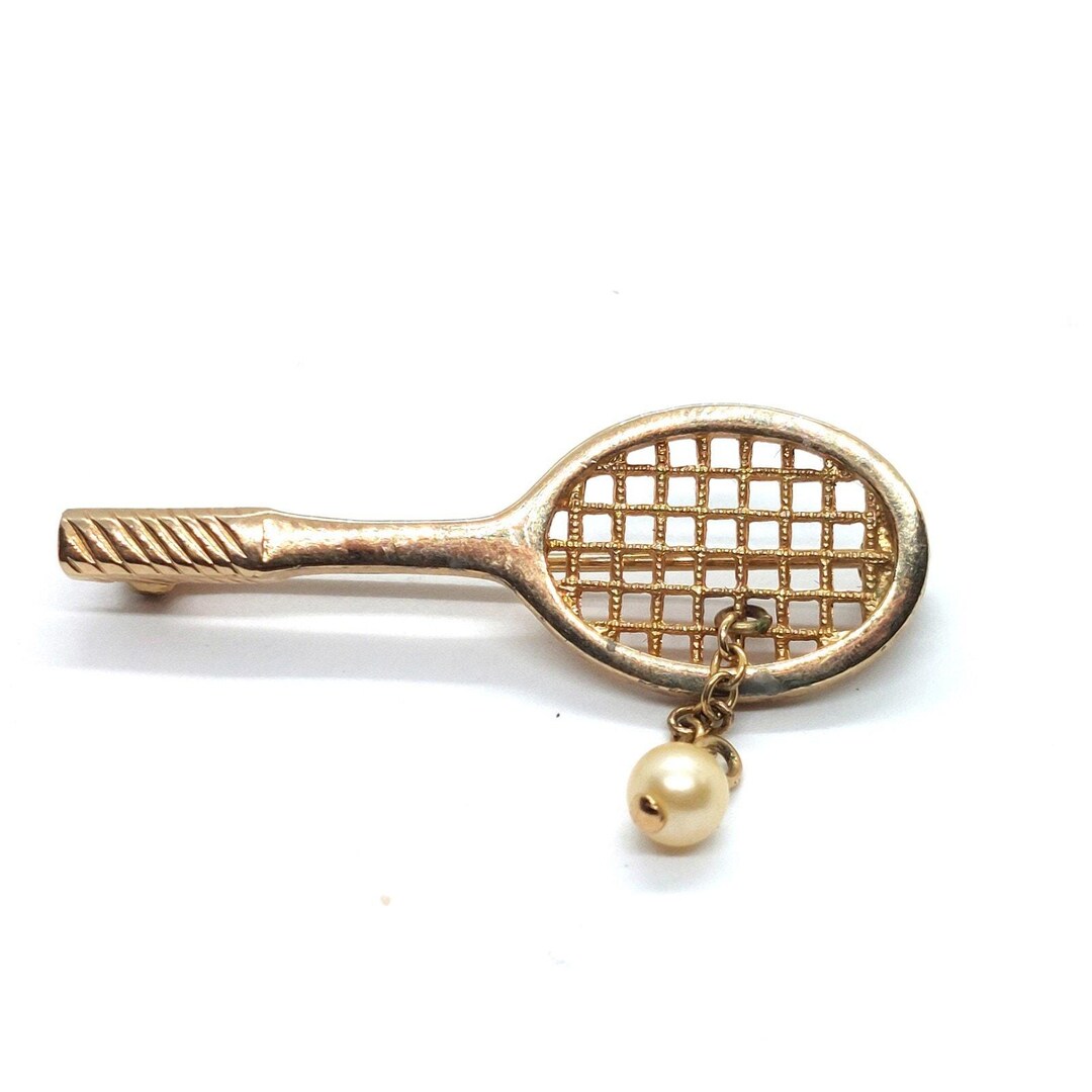 Avon Tennis Racket Pin VTG Sports Athletic Player Charm Pearl Ball Gold ...