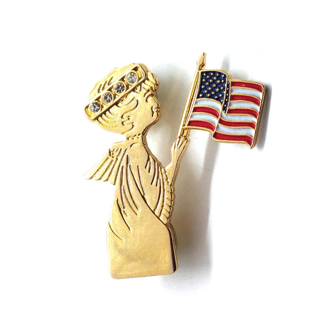 Angel Holding American Flag Pin Rhinestone Crown Patriot Religious USA ...