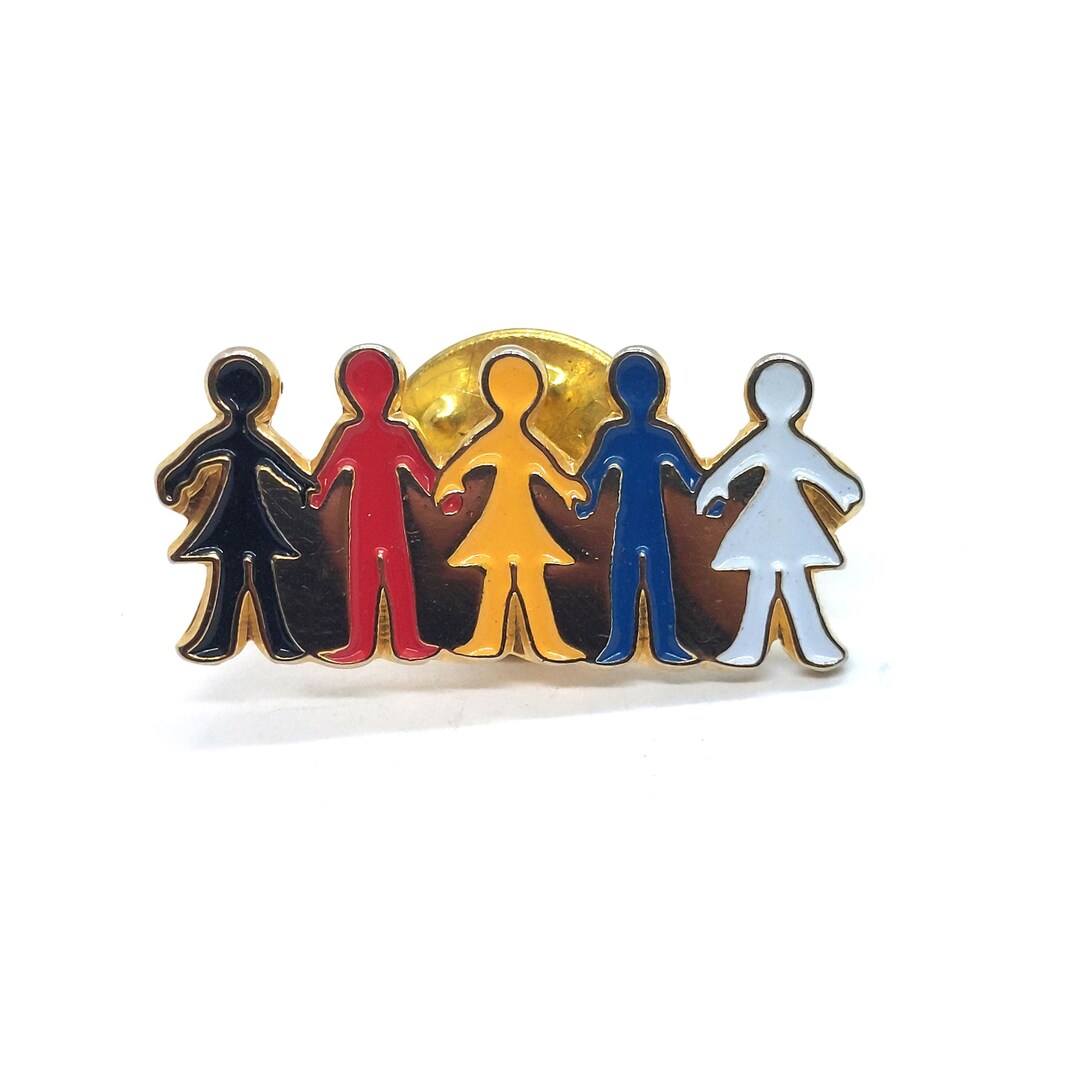 Vintage Diversity Inclusion Holding Hands Children Rainbow Colors Lapel ...