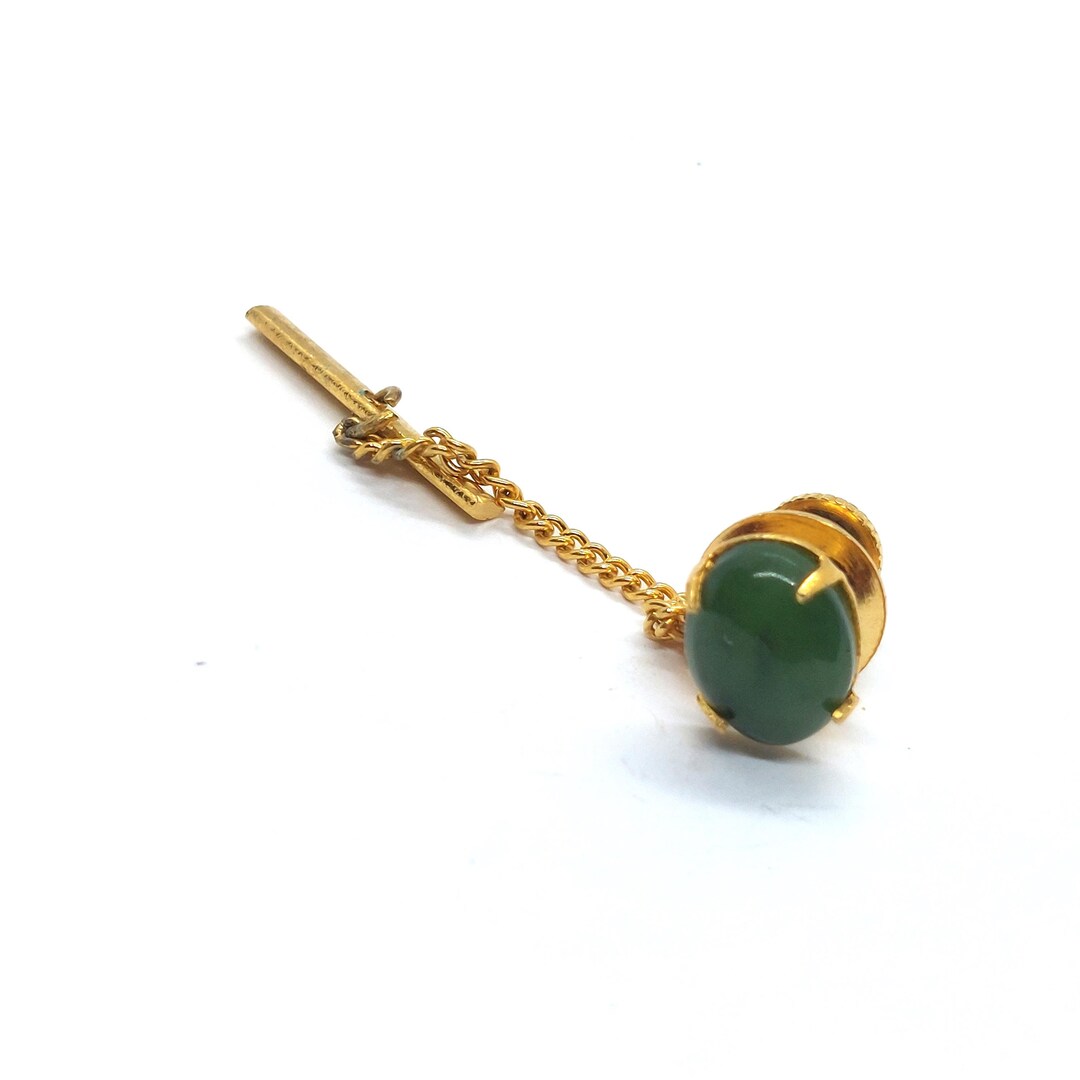 Gold Tone Green Oval Stone Lapel Pin With Chain Tie Tack Fashion ...