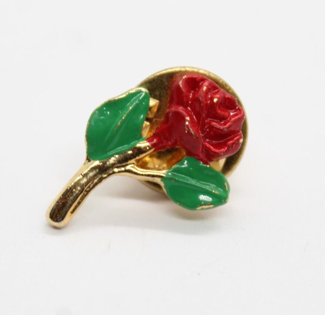 Vintage Red Rose Pin Gold Tone Flower Metal Red Green Lapel Enamel #2 ...