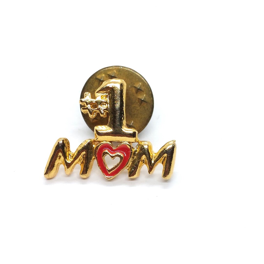 Mom #1 Pin Heart Gold Tone Lapel Enamel Collectible Mother's Day Gift ...