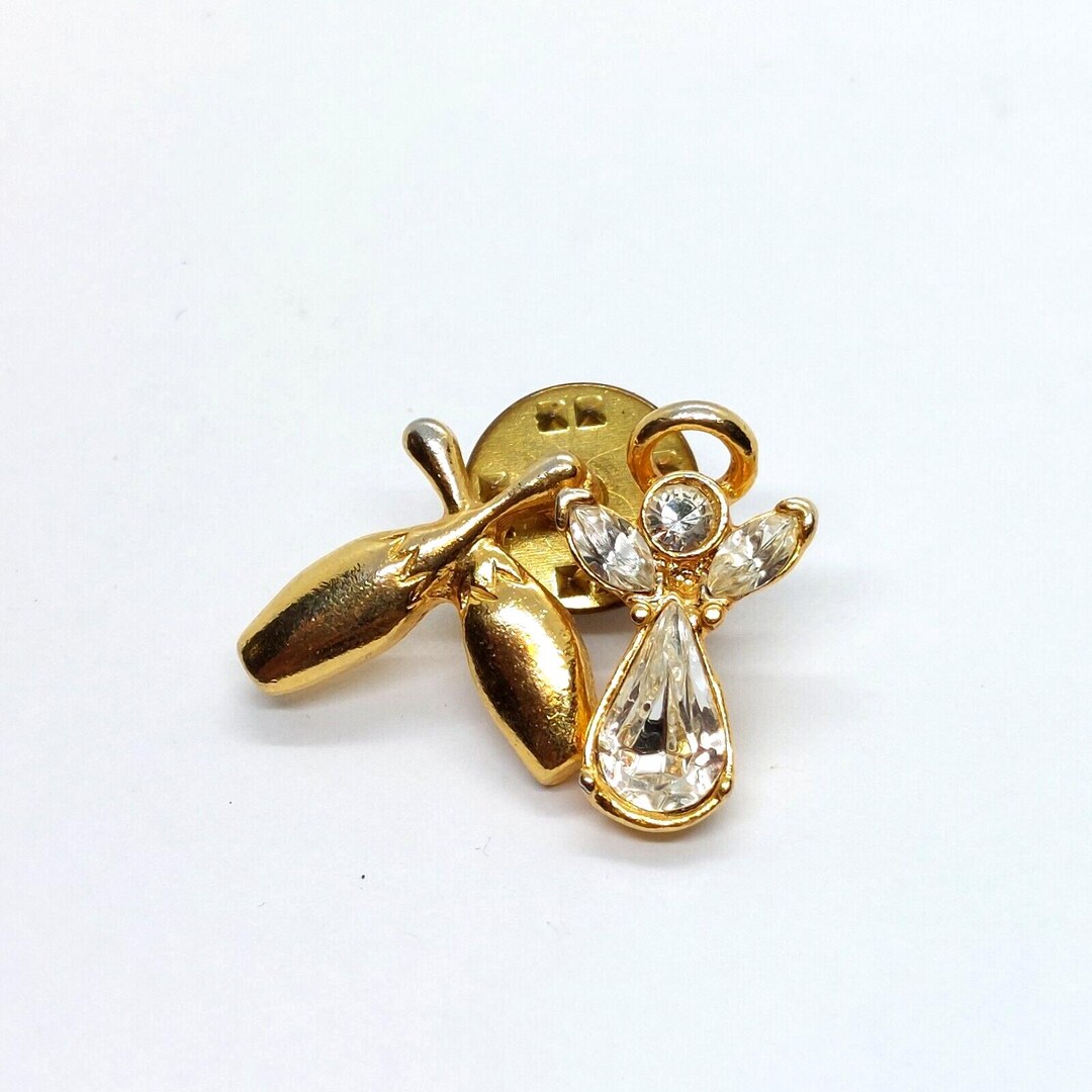 Bowling Pins Angel Rhinestones Pin Gold Tone Lapel Enamel Collectible ...