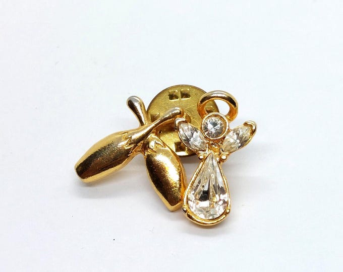 Bowling Pins Angel Rhinestones Pin Gold Tone Lapel Enamel Collectible ...