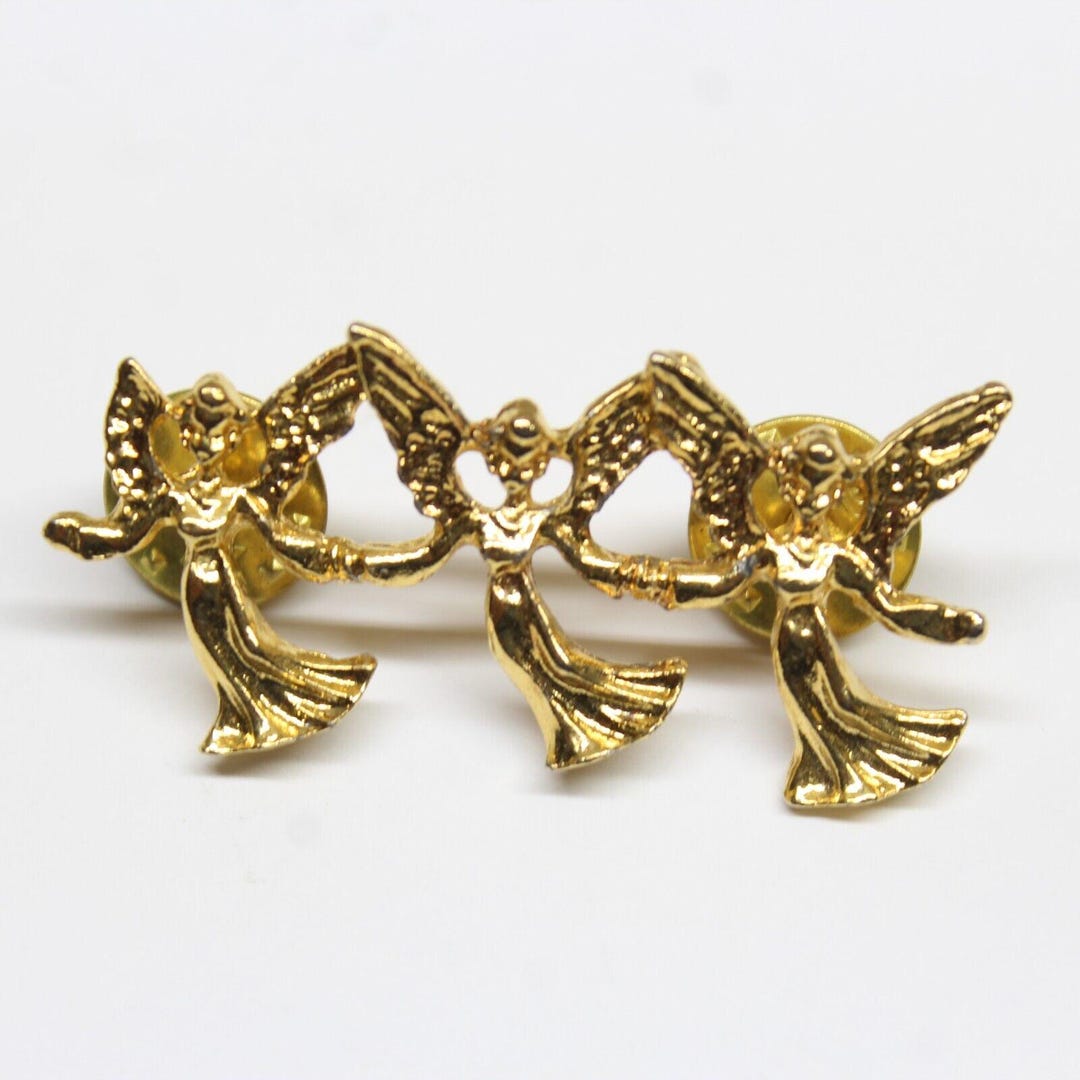 Three Angels Holding Hands Gold Tone Pin Brooch Lapel Enamel ...