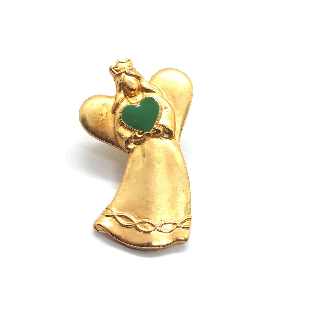 Guardian Angel Holding Green Heart Pin Crown Heavenly Religious Jewelry ...