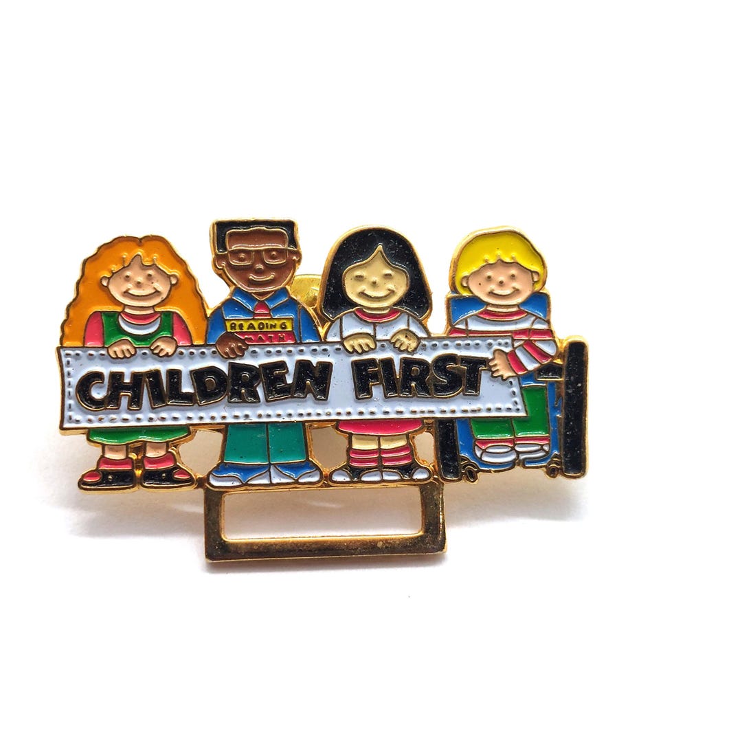 Children First Teacher School Lapel Pin Four Kids Holding Banner ...