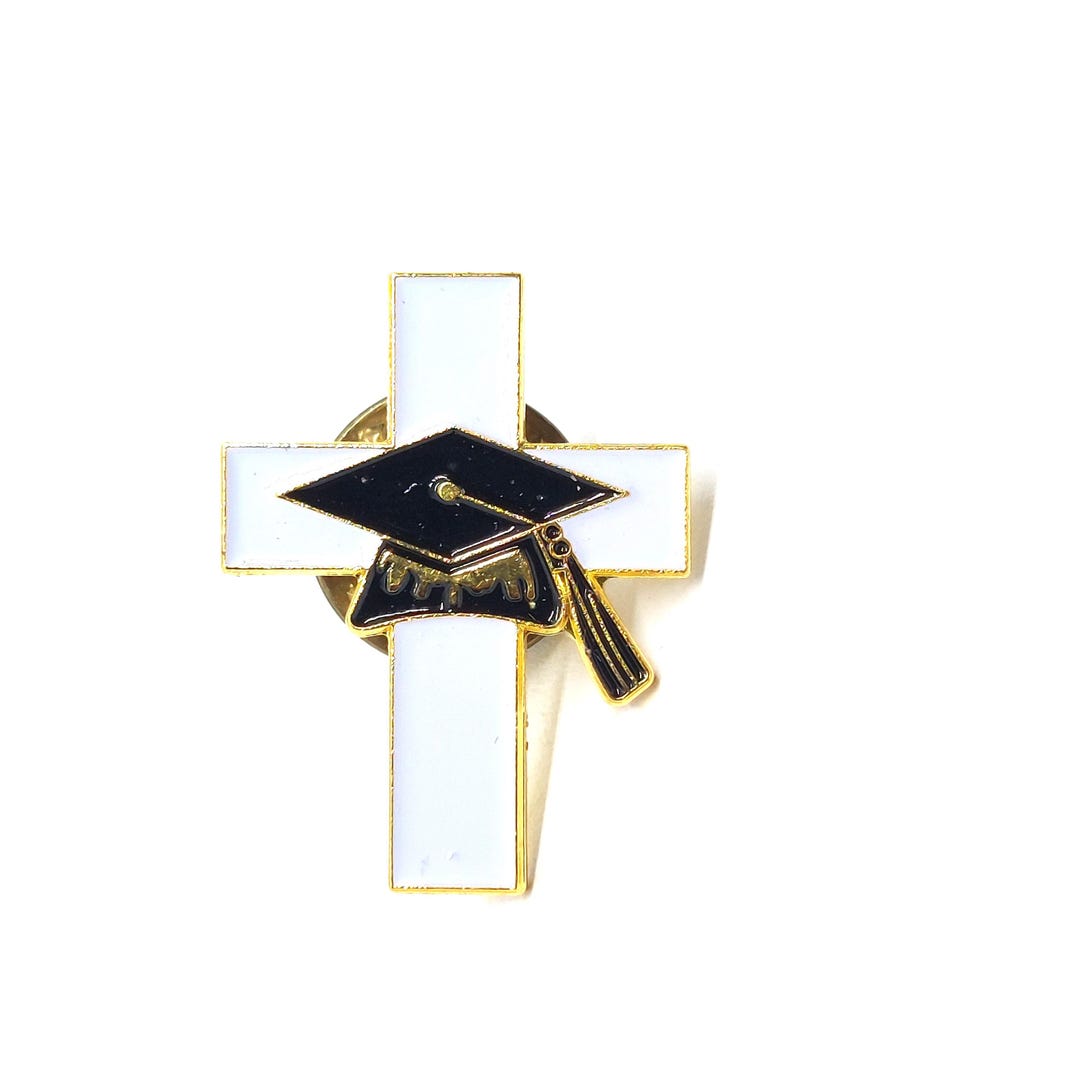 White Cross Graduation Cap Pin Lapel Enamel Collectible Religious Award ...