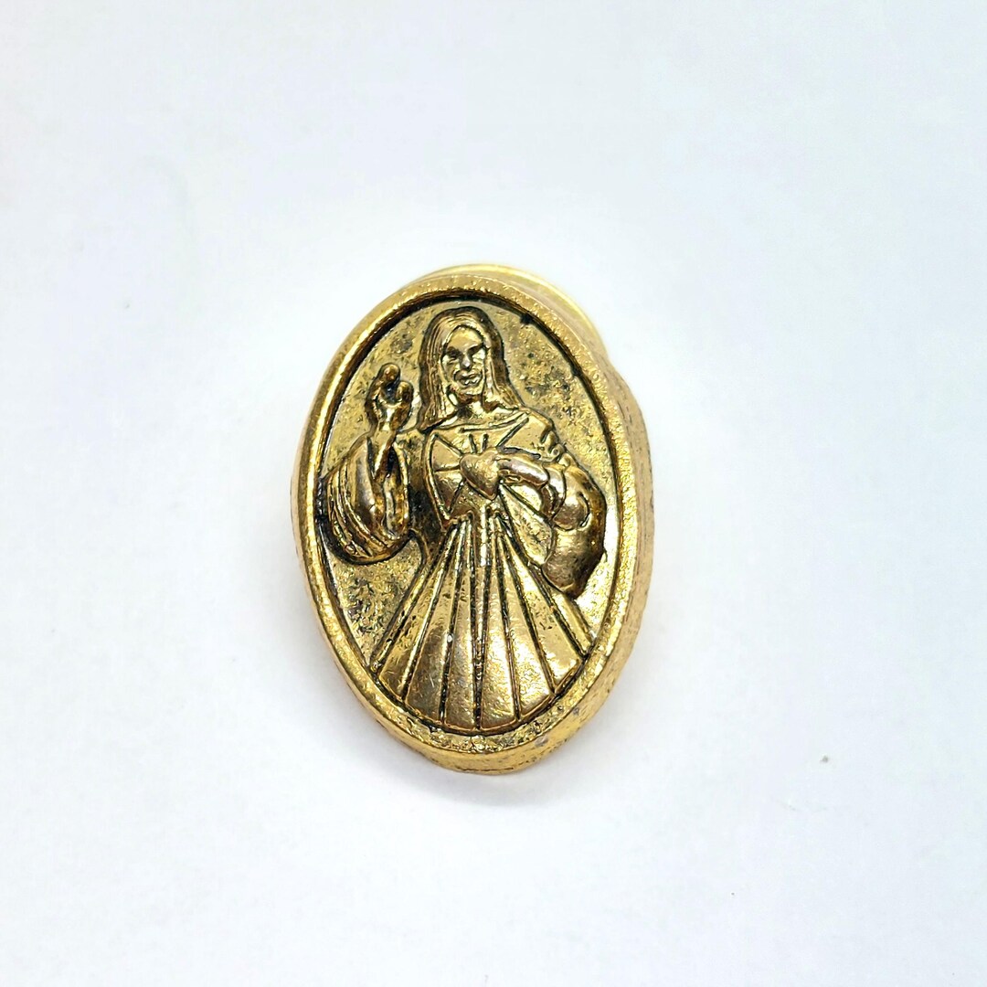 Jesus Sacred Heart Pin Divine Mercy Lapel Gold Tone Oval Collectible - Etsy