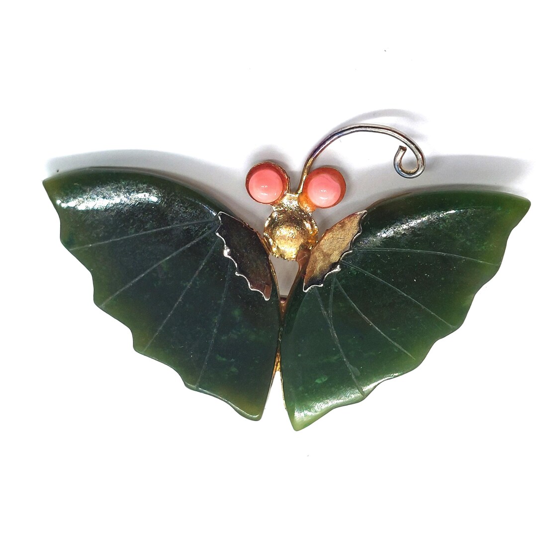 Green Butterfly Wing Pin Vintage Stone Insect Brooch Nature Motif ...