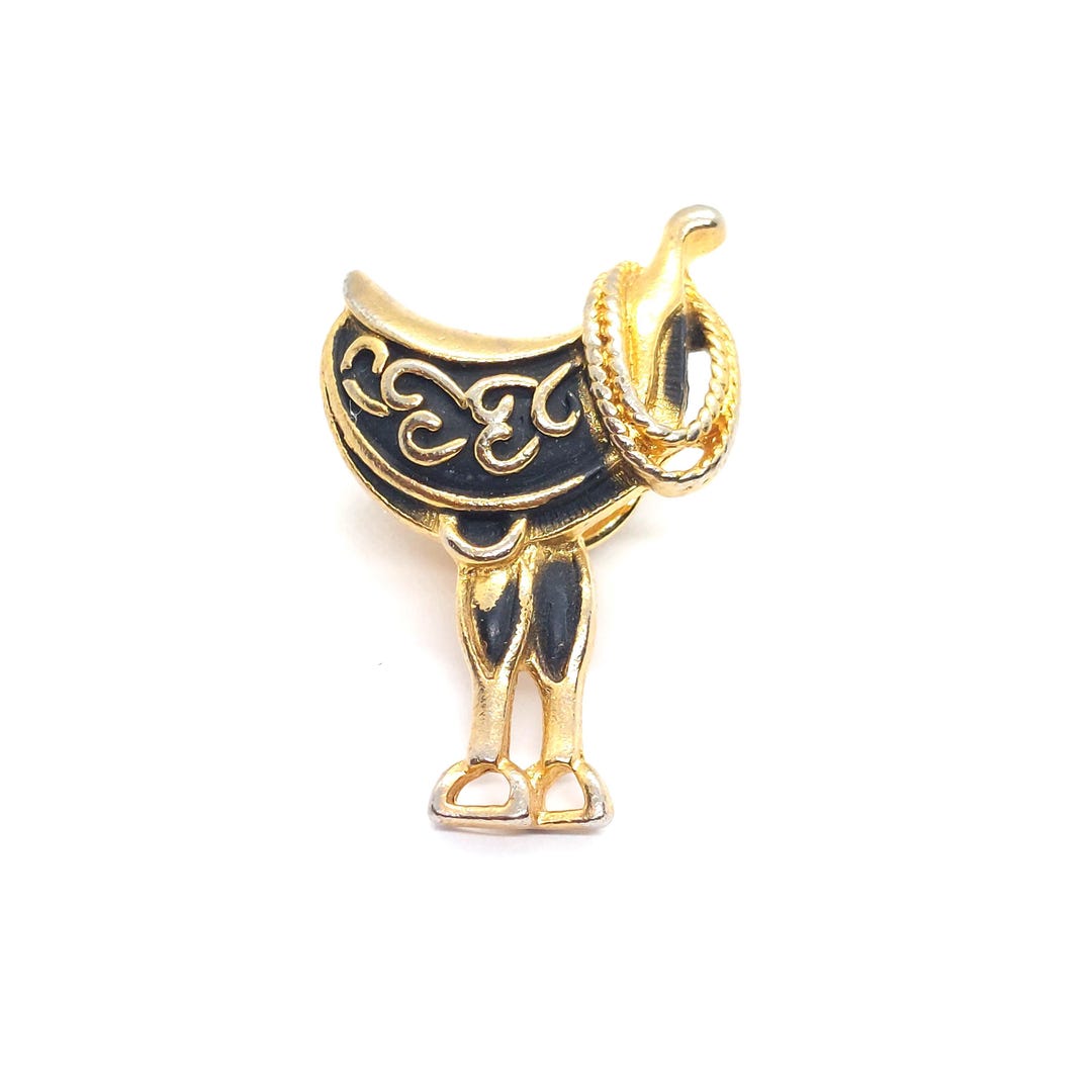 Horse Western Saddle Pin Rodeo Fair Rider Lapel Black Gold Tone ...