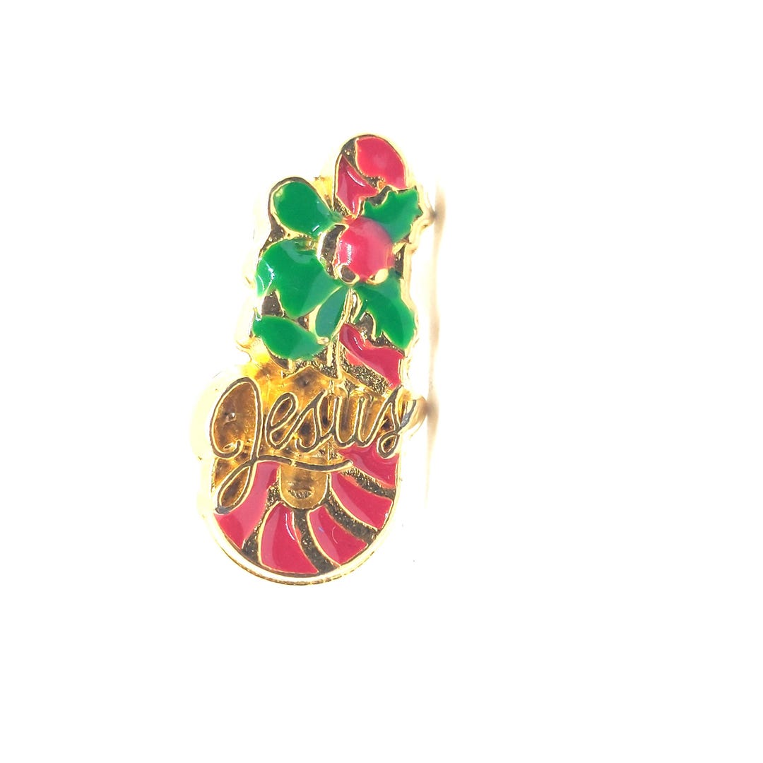 Jesus Christmas Candy Cane With Holly Red Green Gold Enamel Holiday ...