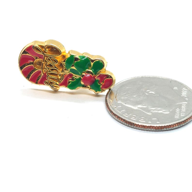 Jesus Christmas Candy Cane With Holly Red Green Gold Enamel Holiday ...