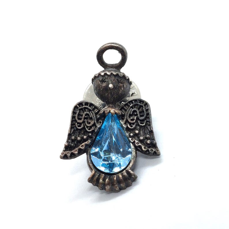 Vintage Angel Lapel Pin With Blue Teardrop Gemstone and Ornate Wings ...