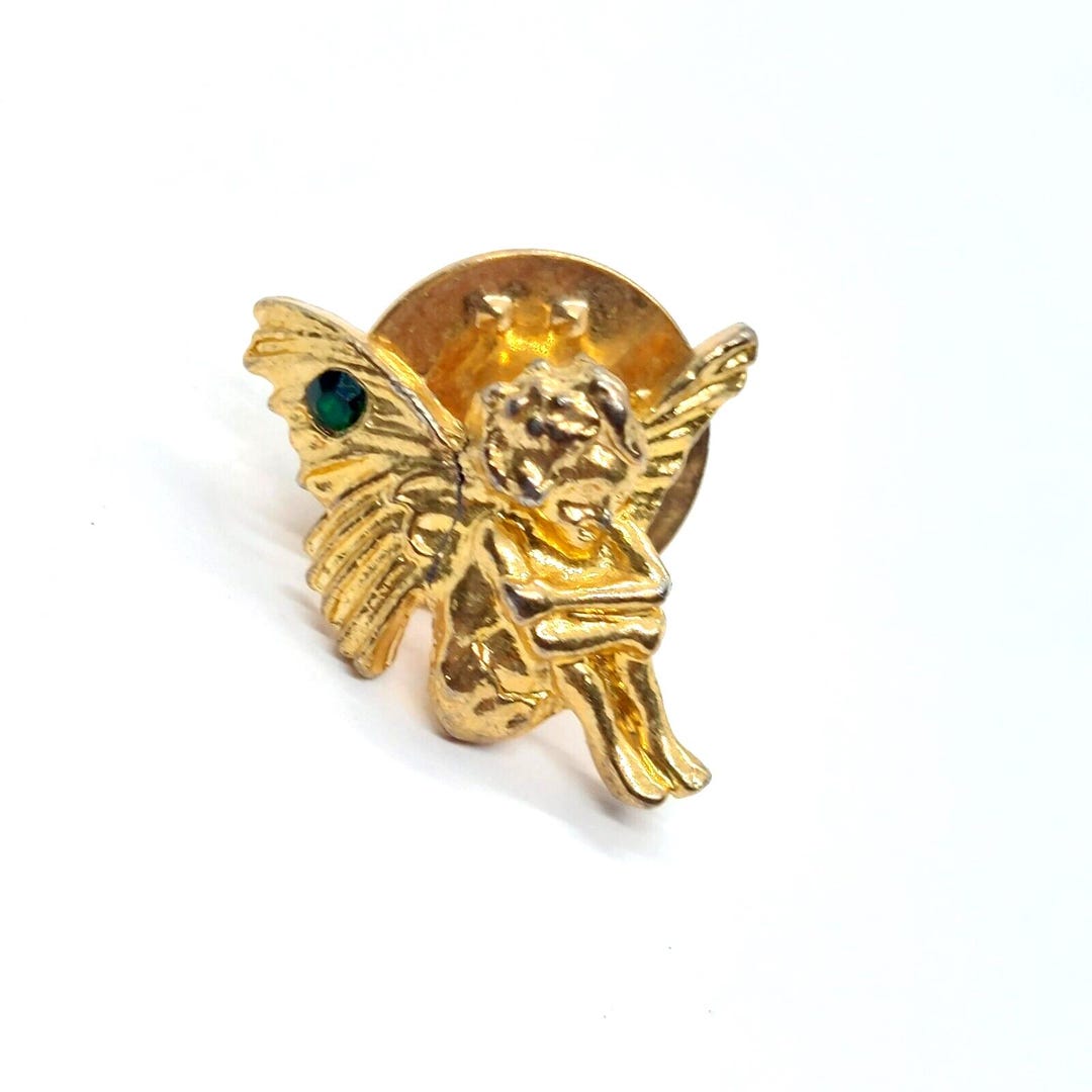 Thoughtful Sitting Angel Pin Gold Tone Green Stone Lapel Birthstone May ...