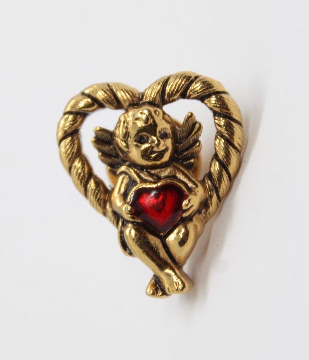 Avon Cupid Angel Cherub Red Heart Pin Lapel Twisted Rope Gold Tone ...