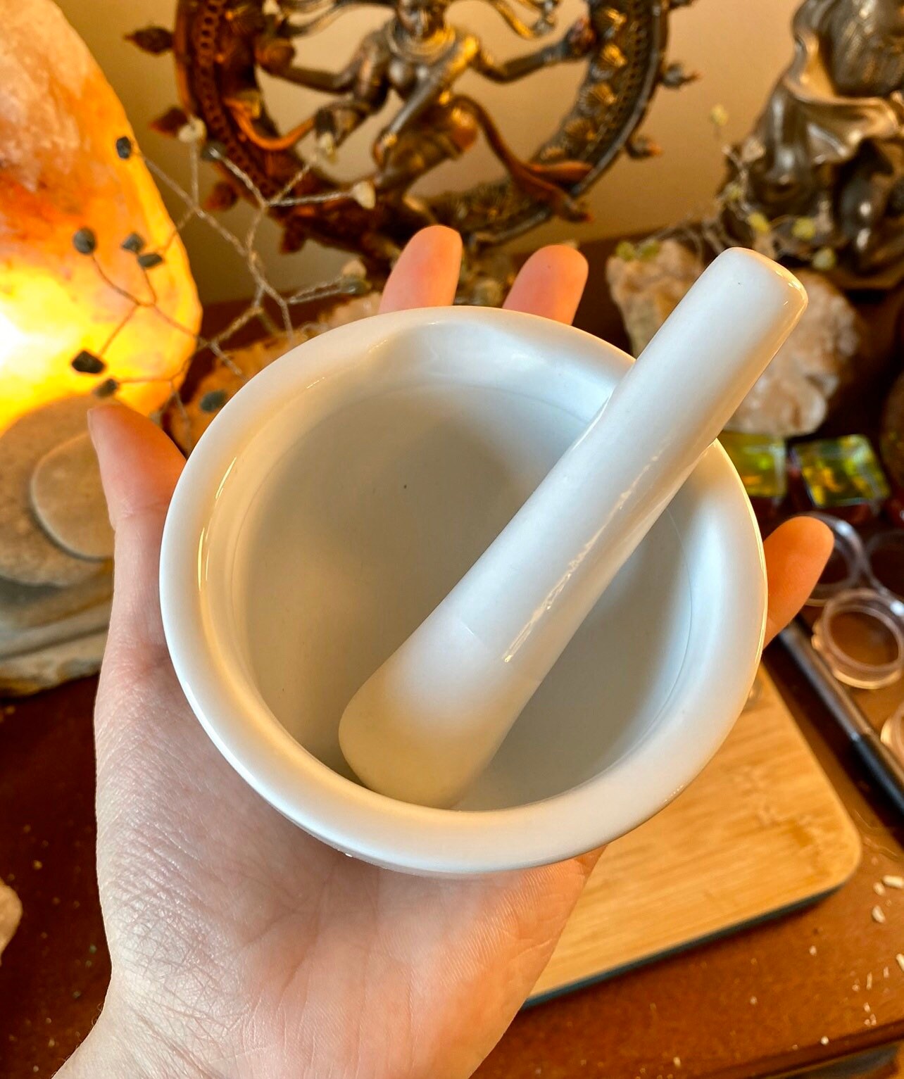 3 inch White ceramic Mortar and pestle crystal sculpture geode