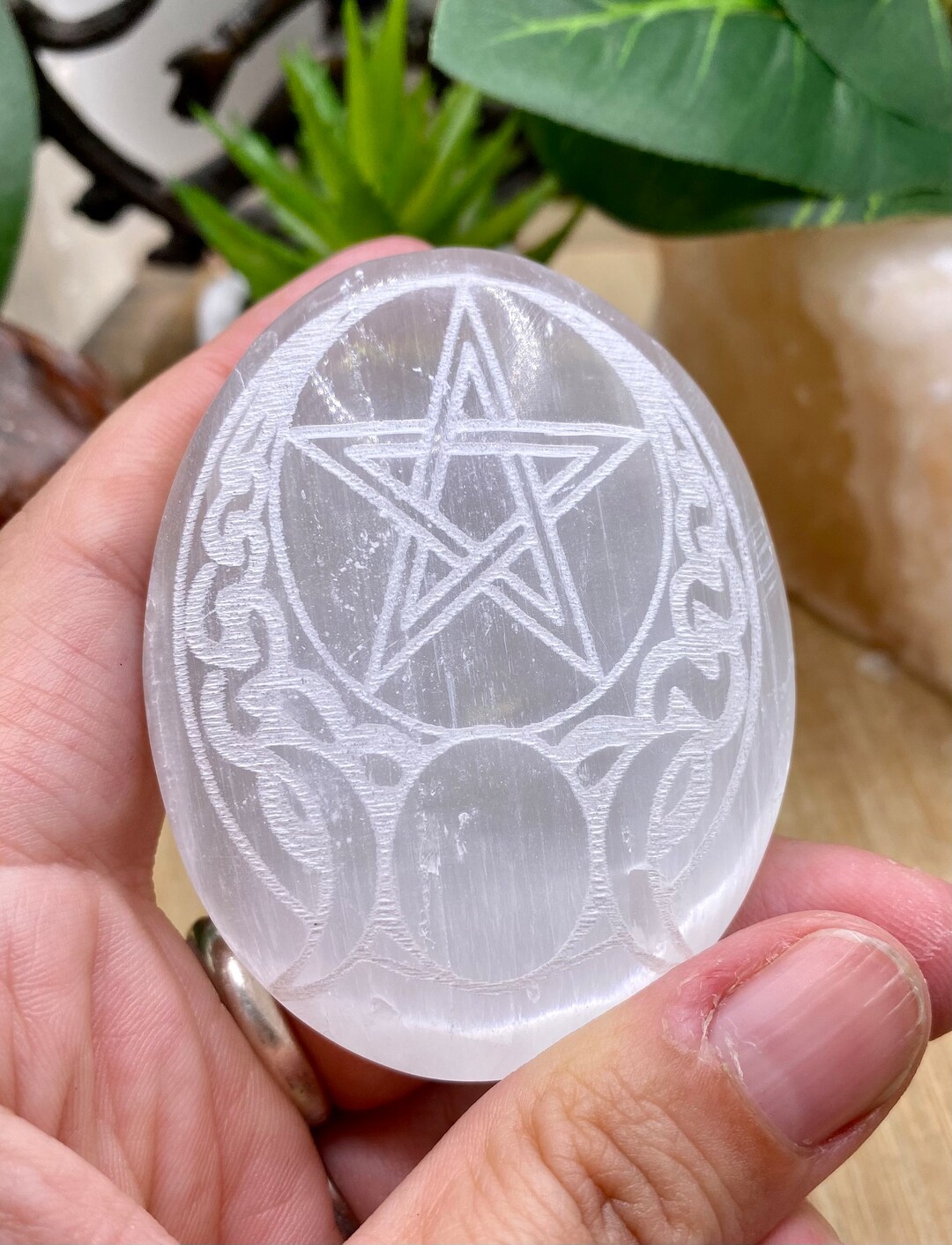 Pentacle and Triple Moon Engraved Selenite Palm Stones Polished Tumbled ...