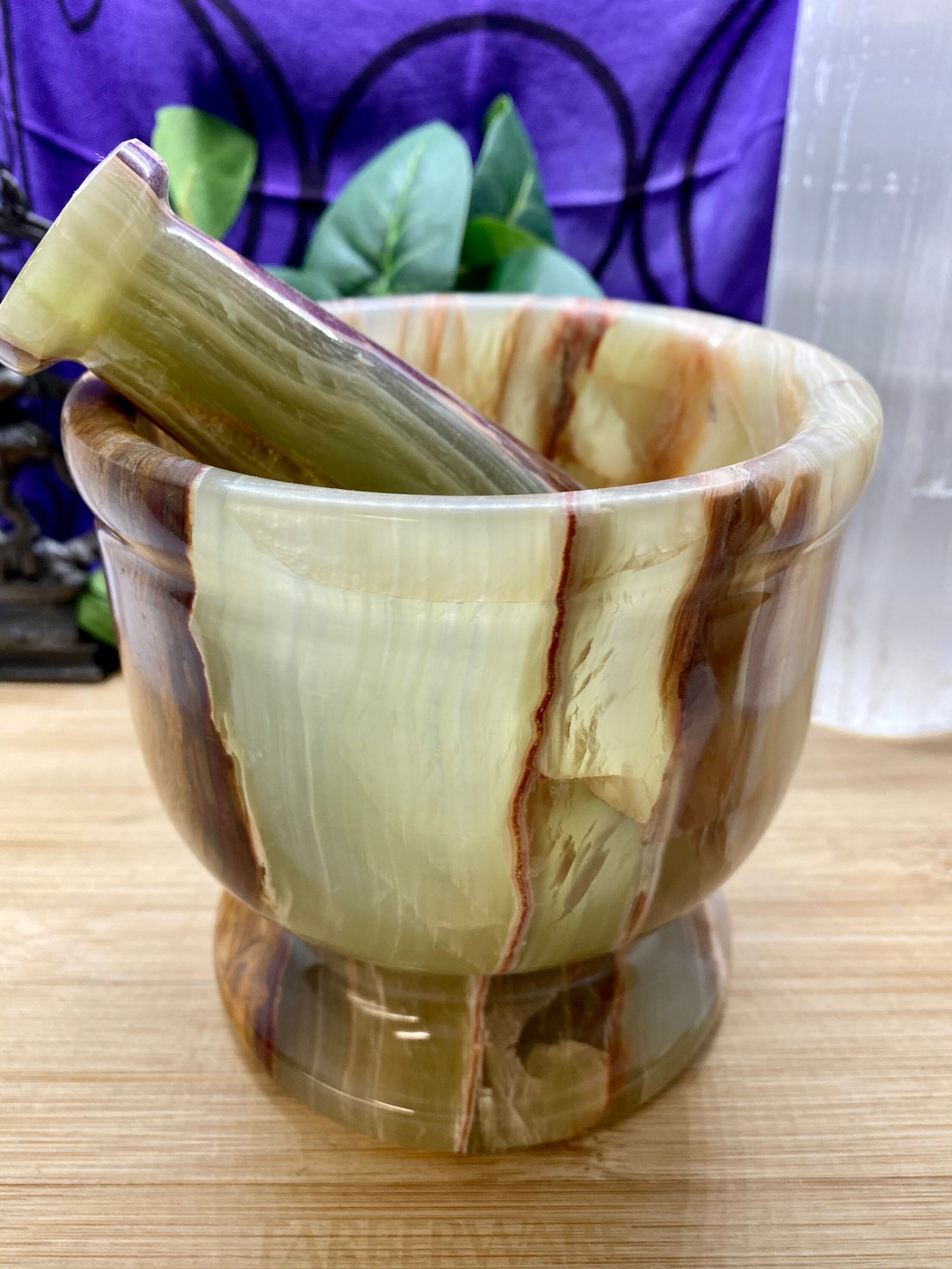 5” Green Onyx Mortar and pestle crystal sculpture geode