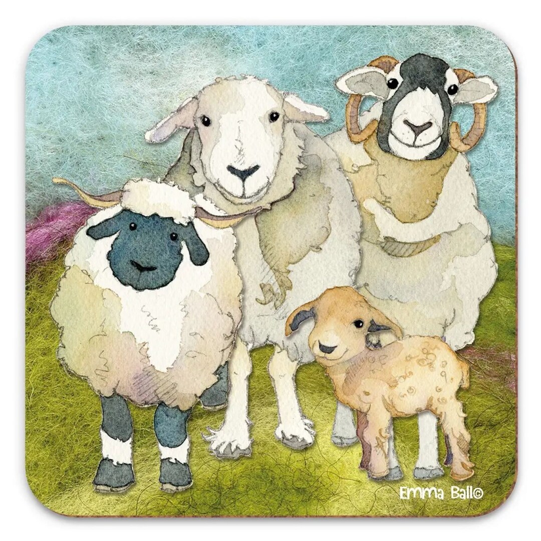 Emma Ball Coaster 'felted Sheep Family'. 10cm Square, Single Coaster ...