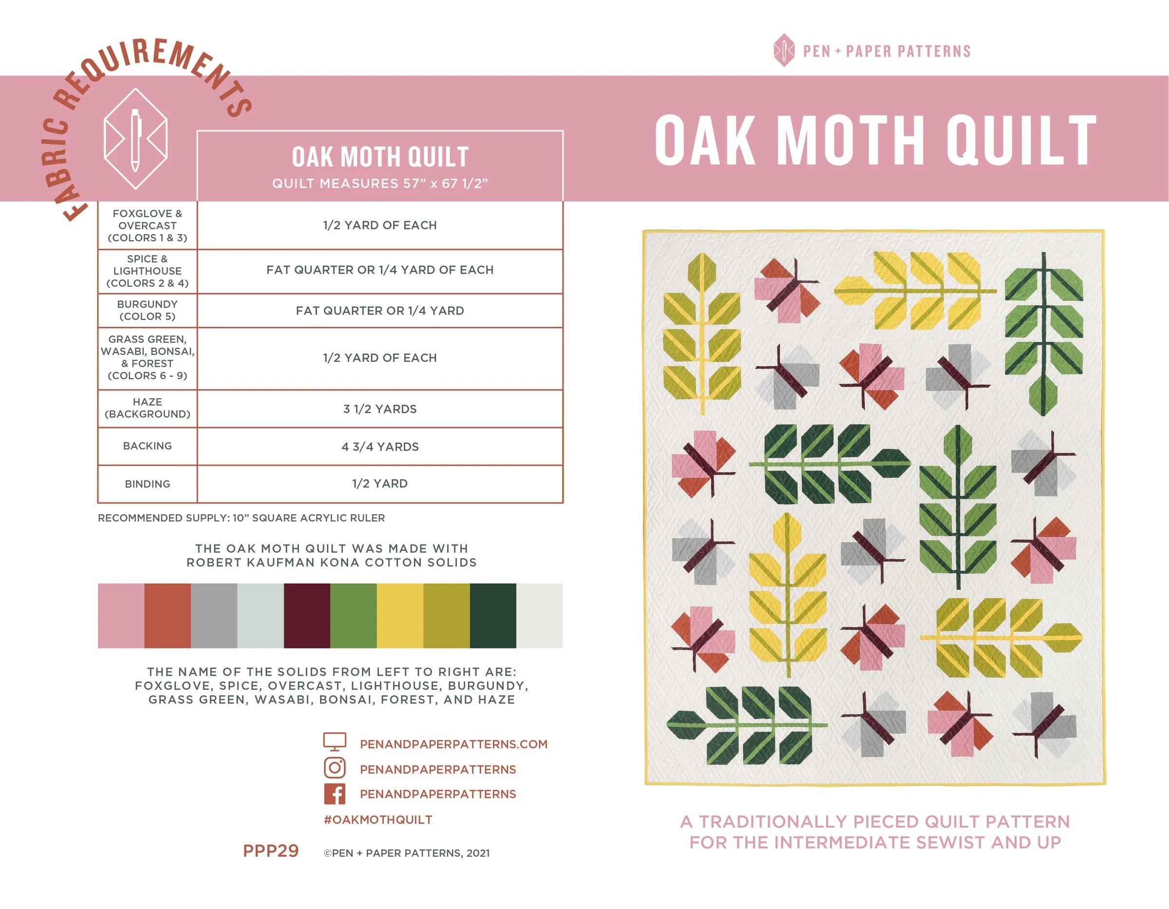 Oak Moth Quilt Pattern by Pen and Paper Designs 57 Inch by 67.5 Inch ...